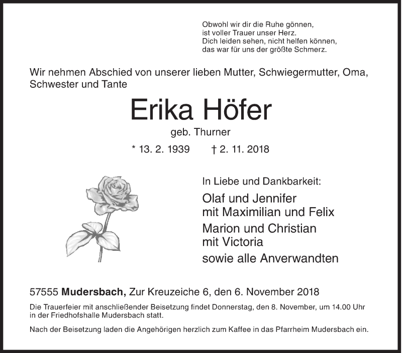 Traueranzeigen von Erika Höfer | 57trauer.de