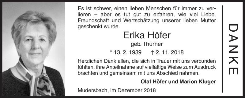 Traueranzeigen von Erika Höfer | 57trauer.de