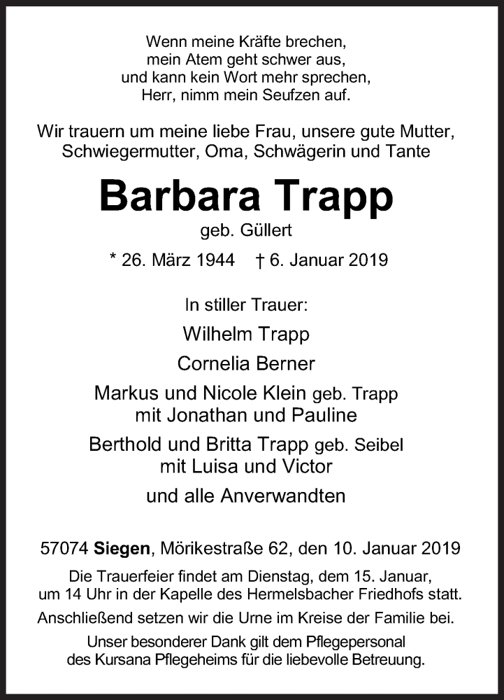 Traueranzeigen von Barbara Trapp | 57trauer.de